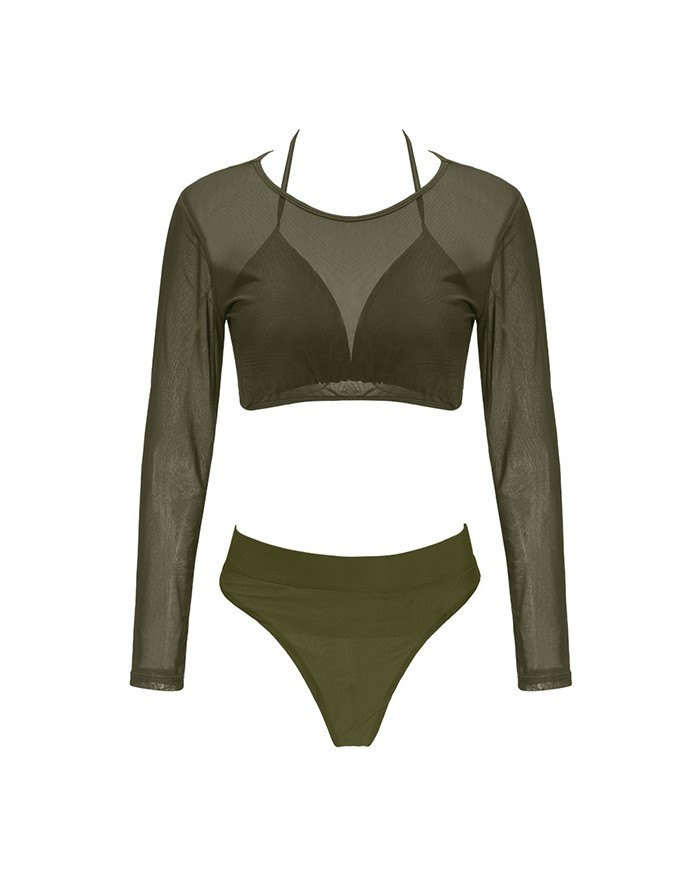 Emmiol Free shipping 2025 Long Sleeve Mesh Triangle Bikini Three-Piece ...