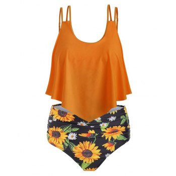 Emmiol Free shipping 2026 Sunflower Print Ruffles High Waist Tankini ...