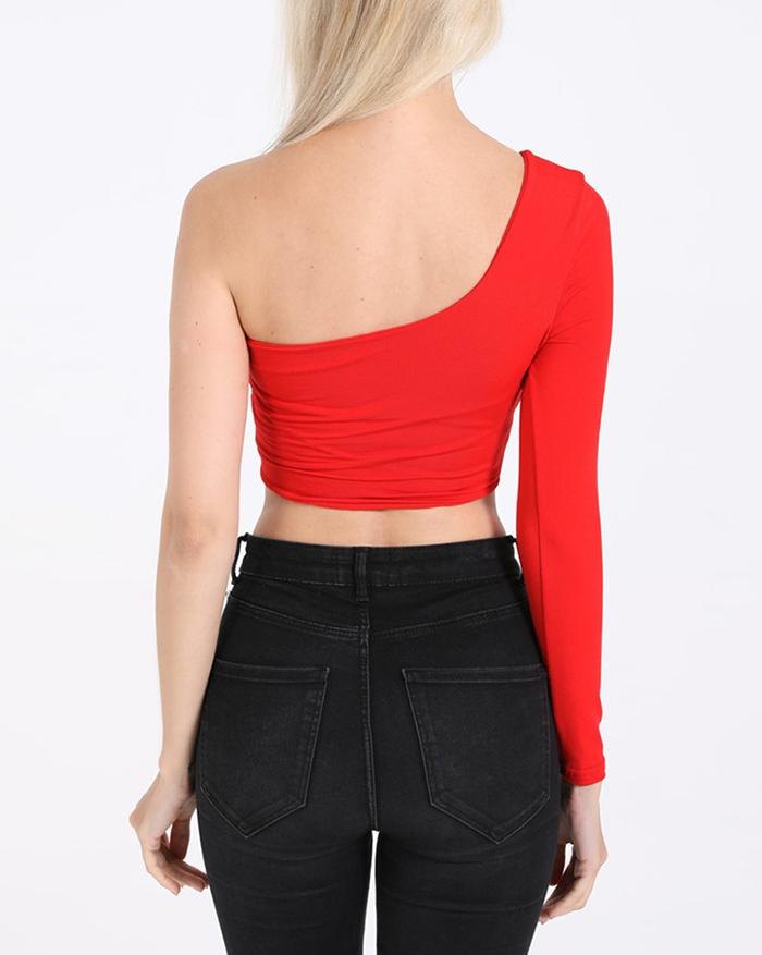 2023 Slanted Shoulder Long Sleeve Exposed Navel Top Red S In Tops ...