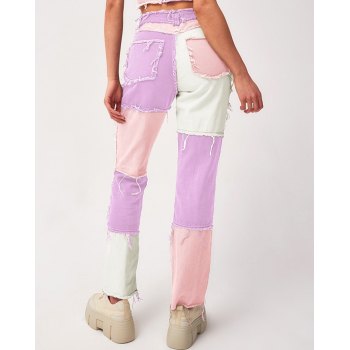 2020 Pastel Patchwork Denim Boyfriend Jeans Purple S In Jeans Online ...