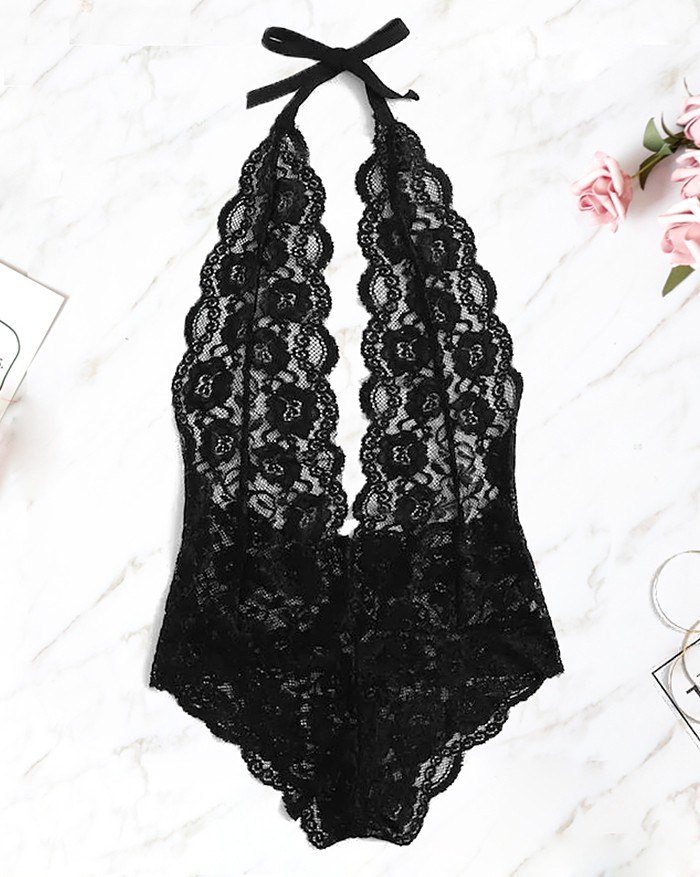 Emmiol Free shipping 2023 Halter Transparent Lace Backless One-Piece ...