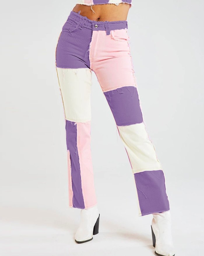 2020 Pastel Patchwork Denim Boyfriend Jeans Purple M In Boyfriend Jeans ...