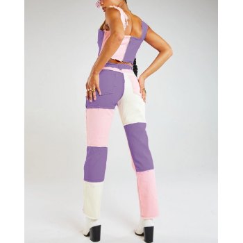 2020 Pastel Patchwork Denim Boyfriend Jeans Purple M In Boyfriend Jeans ...