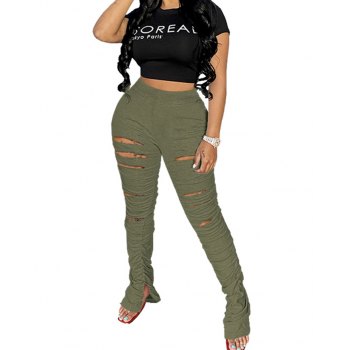 2023 Mid-high Waist Ripped Pleated Split Slim Pant Chive XL In Pants ...