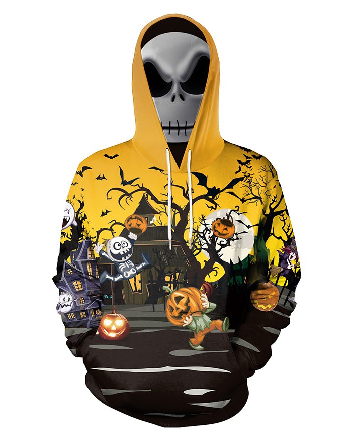 Emmiol Free shipping 2023 Halloween Pumpkin Head Print Hoodie Yellow M ...