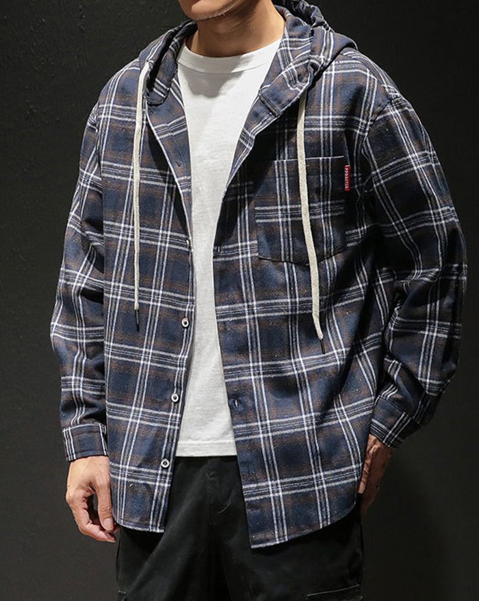 2021 Camisa a cuadros con capucha para hombre Azul marino L In Camisas ...