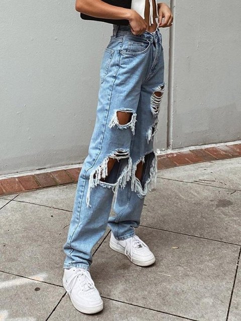 2022 High Waist Super Ripped Jeans Blue L In Ripped Jeans Online Store ...