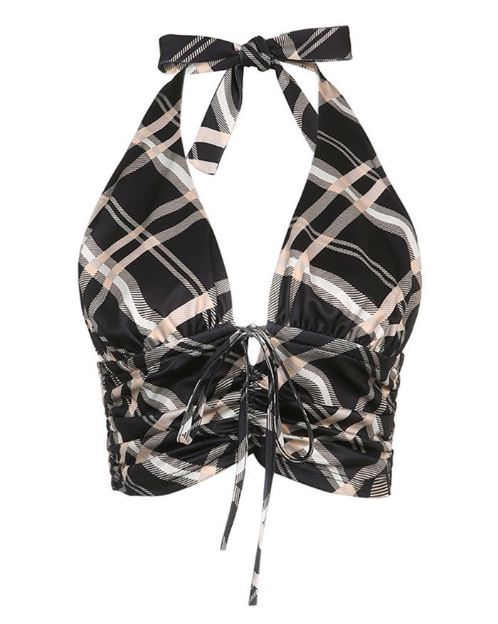 Emmiol Free shipping 2026 Cropped Plaid Halter Cami Top Black S in Tank ...