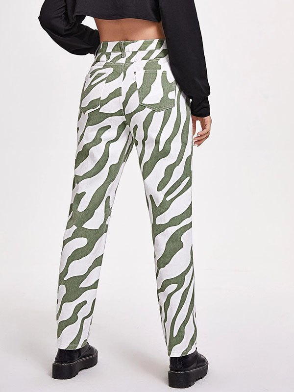 Emmiol Free shipping 2026 Zebra Striped High Waist Slim Jeans Green S ...