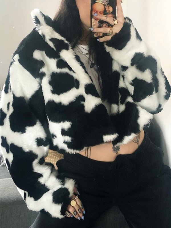 Emmiol Free shipping 2025 Cow Print Fuzzy Jacket Black L in Jackets ...