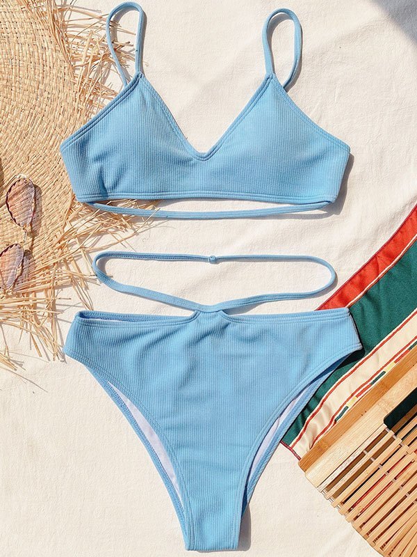 Emmiol Free Shipping 2025 Solid Ribbed Bikini Set Blue S In Bikini Sets