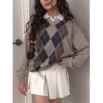 Emmiol Free shipping 2025 Preppy Style Argyle Sweater Coffee M in ...