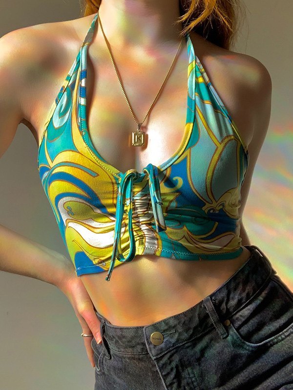 Emmiol Free shipping 2025 Swirl Halter Crop Cami Top Green S in Tank Tops & Camis online store ...