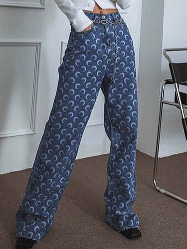 2022 Crescent Moon Print Boyfriend Jeans Blue M In Boyfriend Jeans ...