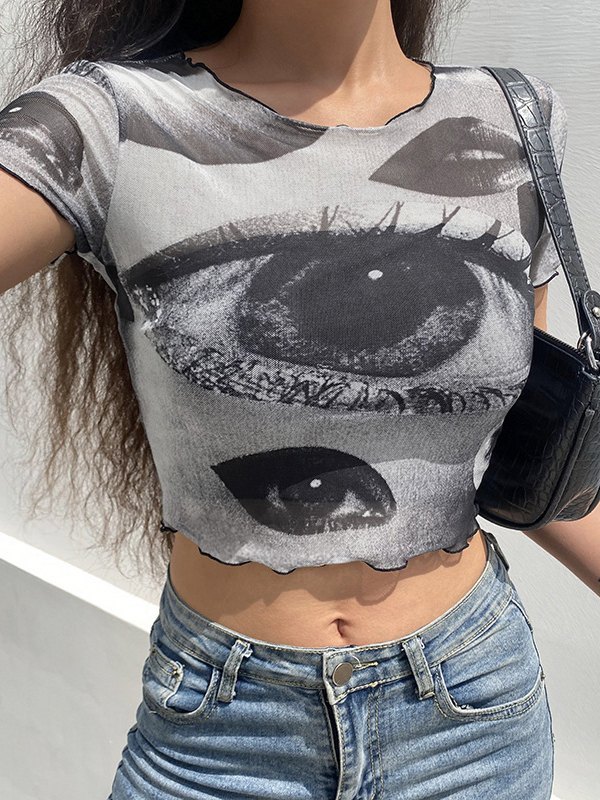 Emmiol Free shipping 2023 Eye Graphic Short Sleeve Crop Top White S in ...
