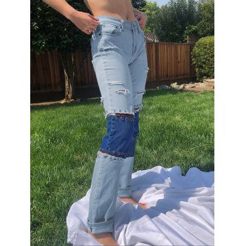 Emmiol Free shipping 2025 Safety Pin Patchwork Ripped Jeans Blue L in ...