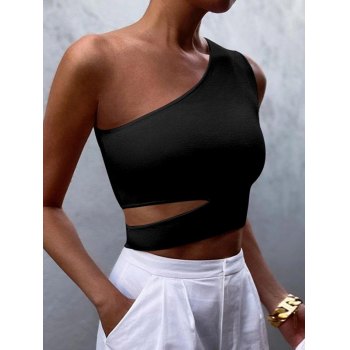 Emmiol Free shipping 2025 Slant Shoulder Cutout Crop Tank Top Black S ...