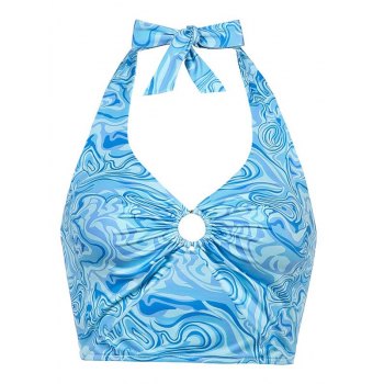 Emmiol Free shipping 2025 Printed Cutout Halter Crop Tank Top Blue M in Tank Tops & Camis online ...