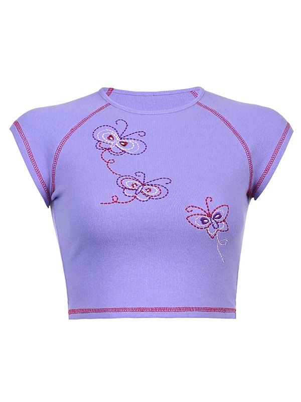 Emmiol Free shipping 2025 Butterfly Embroidered Rib Crop Top Purple S ...