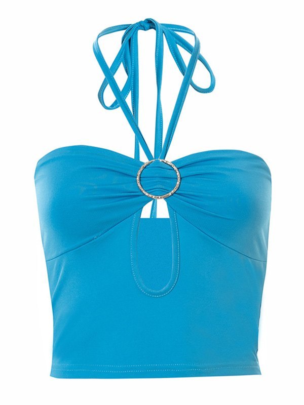 Emmiol Free shipping 2025 Metal Ring Detail Halter Crop Cami Top Blue M in Tank Tops & Camis ...