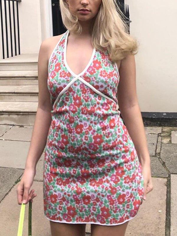 Emmiol Free Shipping 2023 Floral Print Halter Bodycon Mini Dress Pink M