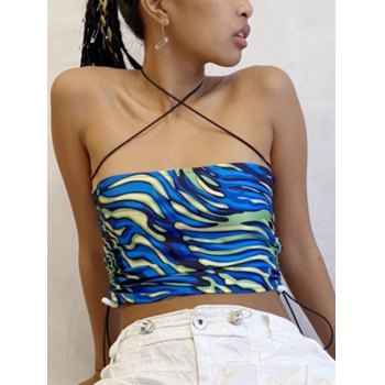 Emmiol Free shipping 2025 Cross-Over Swirl Halter Crop Cami Top Blue S in Tank Tops & Camis ...