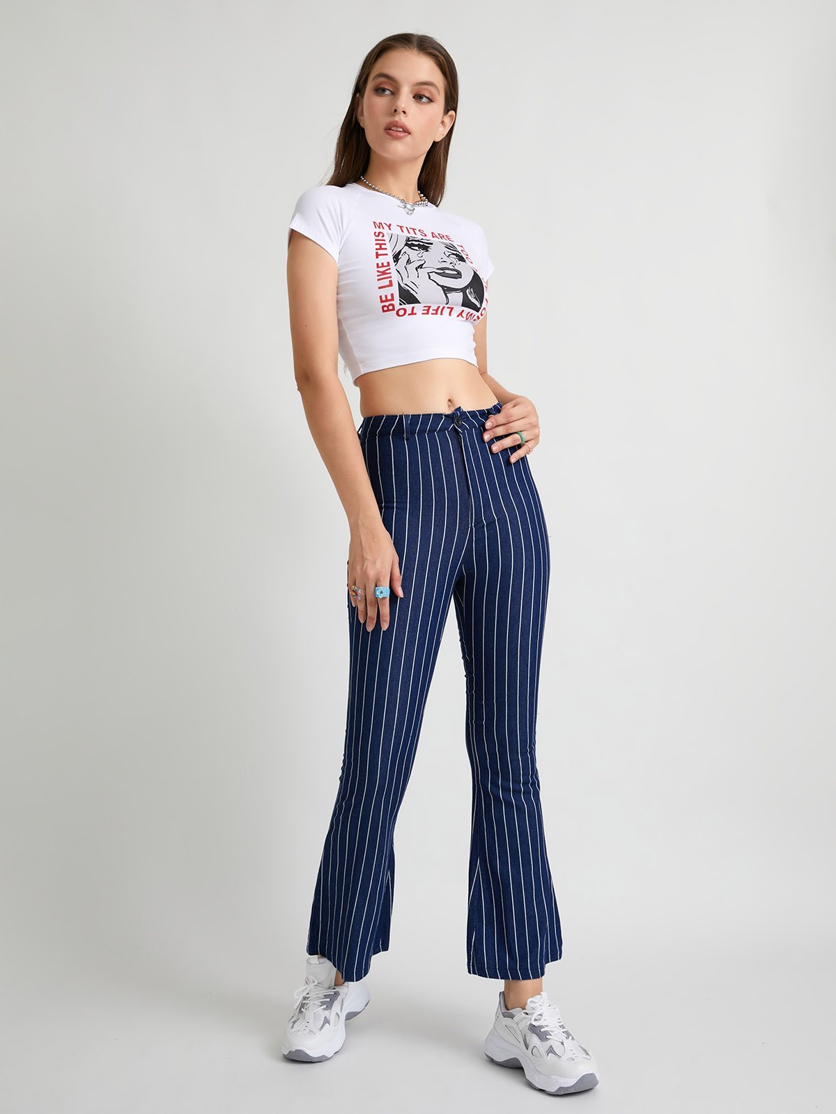 Emmiol Free shipping 2026 Pinstripe Print Flare Jeans Blue L in Flare ...