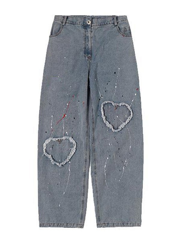 Emmiol Free shipping 2025 Heart Patched Splatter Boyfriend Jeans Blue M ...