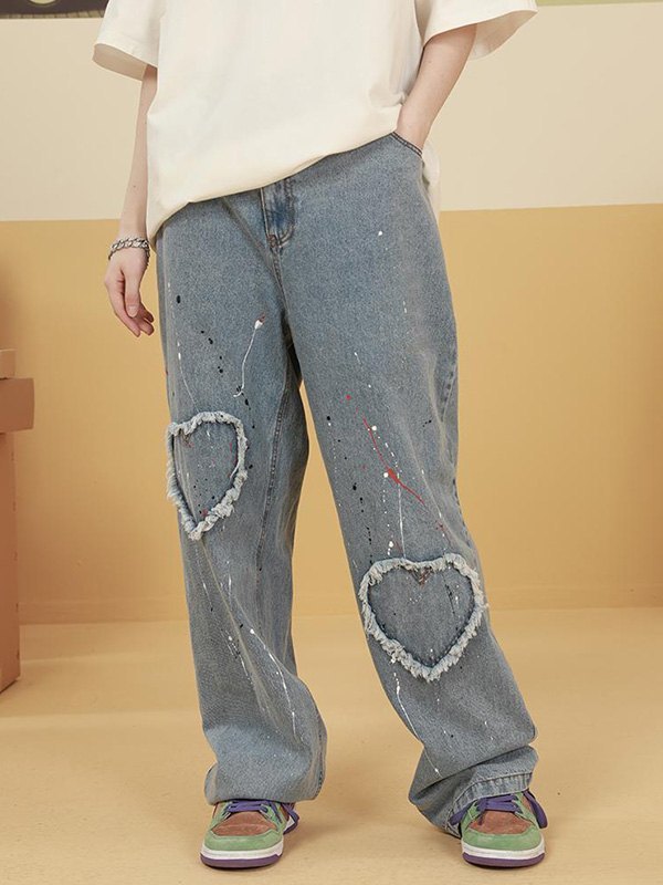 Emmiol Free shipping 2026 Heart Patched Splatter Boyfriend Jeans Blue M ...