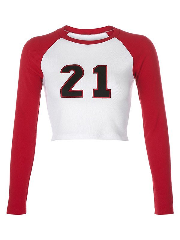 Emmiol Free shipping 2025 Figure Long Sleeve Raglan Crop Top Red L in ...