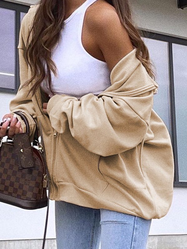 2021 Simple Zip Up Oversized Hoodie Khaki L In Hoodies & Sweatshirts ...