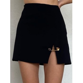 Emmiol Free shipping 2026 Safety Pin Decor Slit Mini Skirt Black L in ...