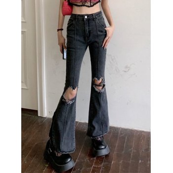 Emmiol Free shipping 2026 Split Ripped Flare Jeans Black L in Flare ...
