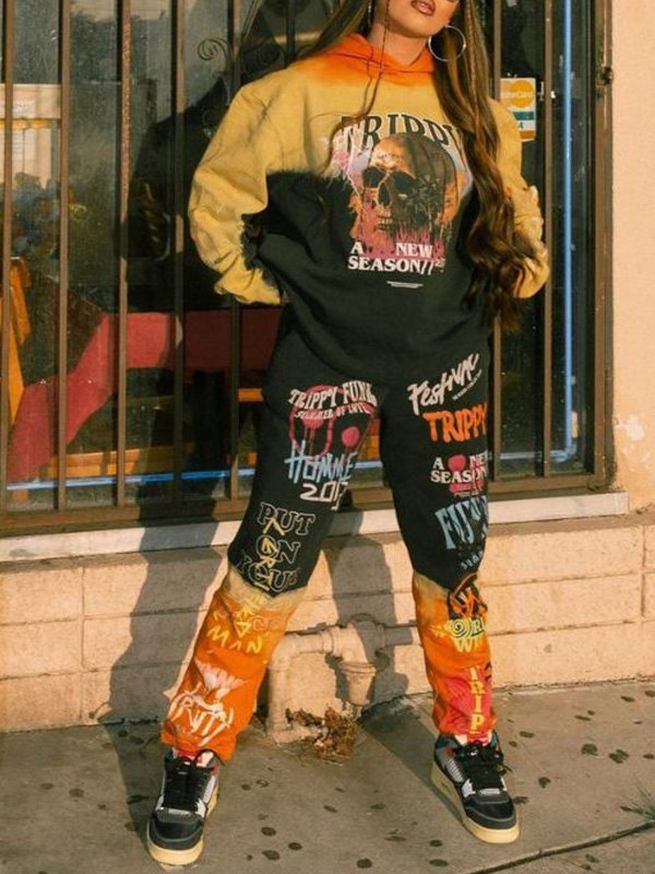 Emmiol Free shipping 2026 Ombre Graffiti Print Tracksuit Set Black L in ...