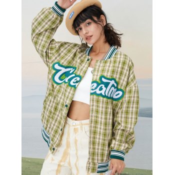 Emmiol Free shipping 2026 Logo Graphic Checkered Varsity Jacket Green S ...