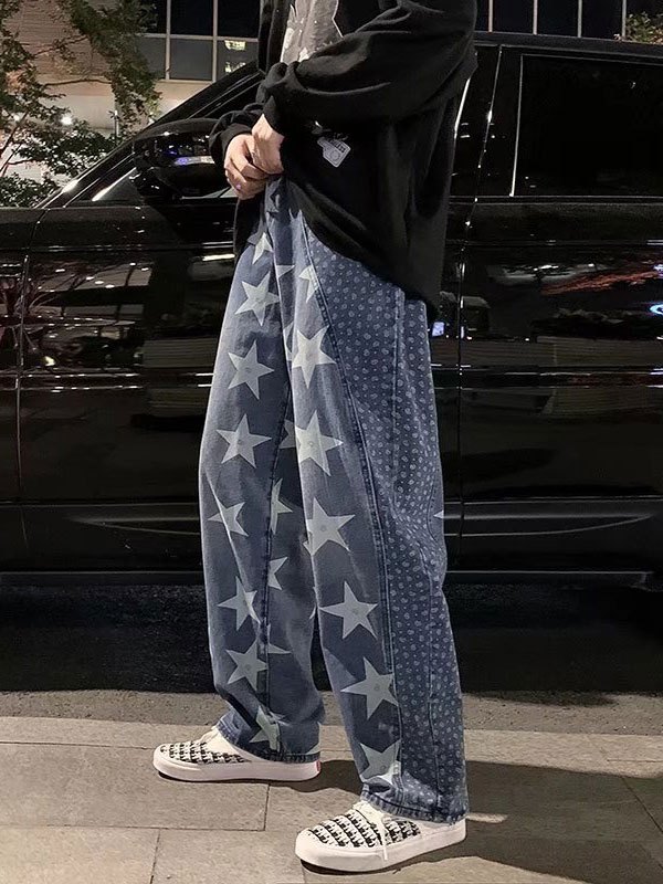 Emmiol Free shipping 2026 Men's Patchwork Star Straight Leg Jeans Blue ...