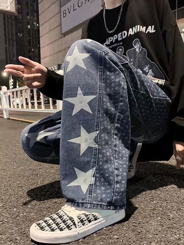 Emmiol Free shipping 2026 Men's Patchwork Star Straight Leg Jeans Blue ...