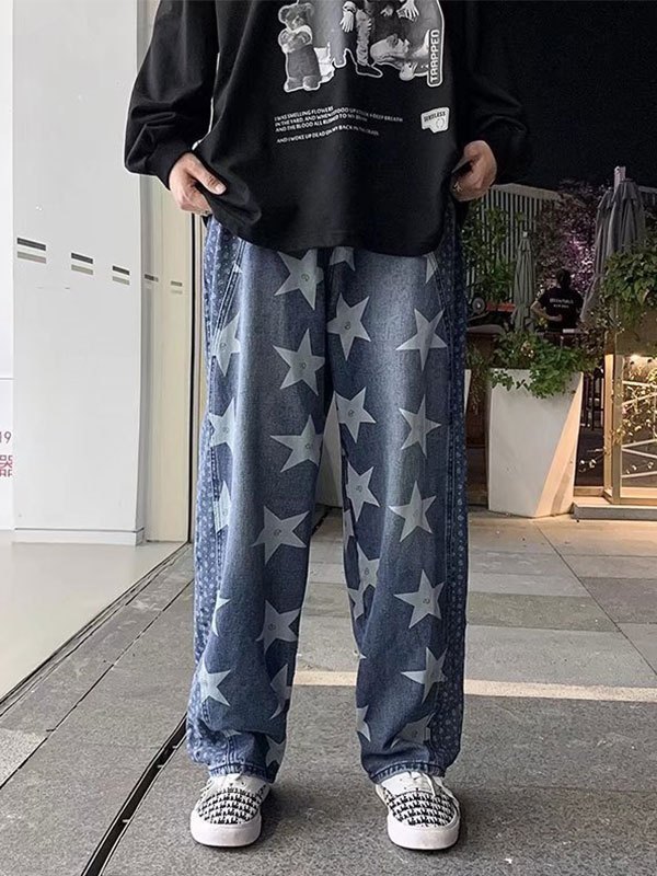 Emmiol Free shipping 2026 Men's Patchwork Star Straight Leg Jeans Blue ...