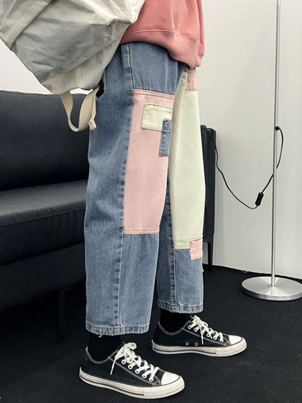 Emmiol Free shipping 2026 Men's Pastel Patchwork Straight Leg Jeans ...
