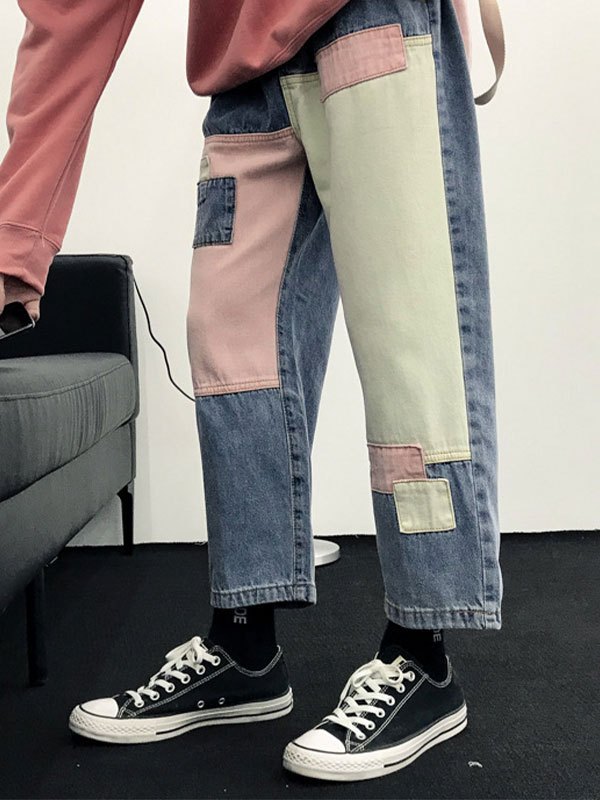 Emmiol Free shipping 2026 Men's Pastel Patchwork Straight Leg Jeans ...