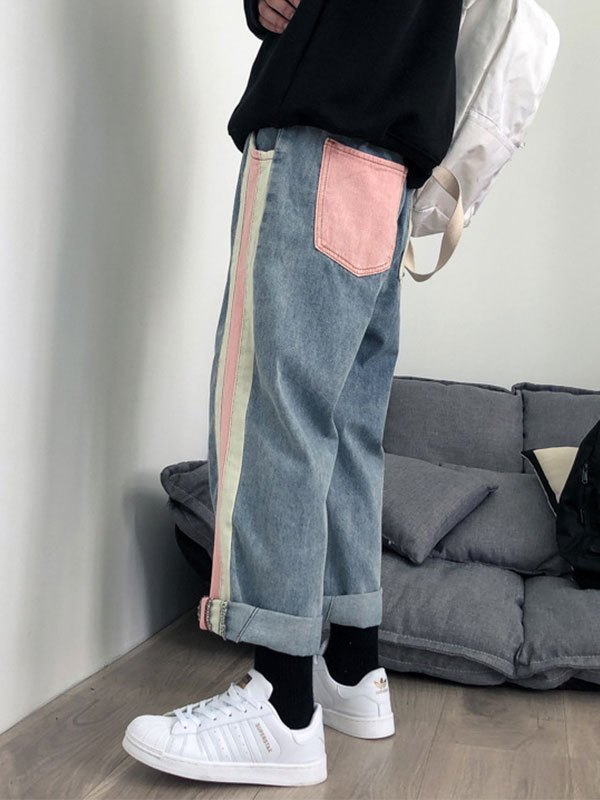 Emmiol Free shipping 2026 Men's Pastel Patchwork Straight Leg Jeans ...