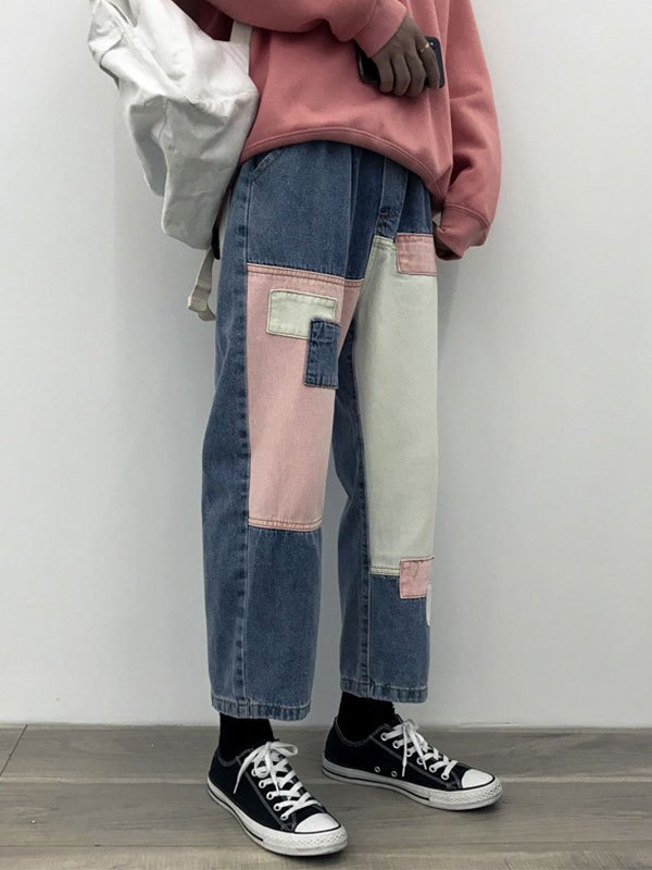 Emmiol Free shipping 2025 Men's Pastel Patchwork Straight Leg Jeans Blue M in Jeans online store ...