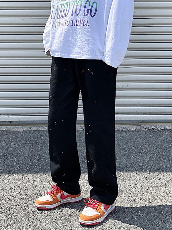 Emmiol Free shipping 2025 Men's Splash Ink Print Straight Jeans Black L ...