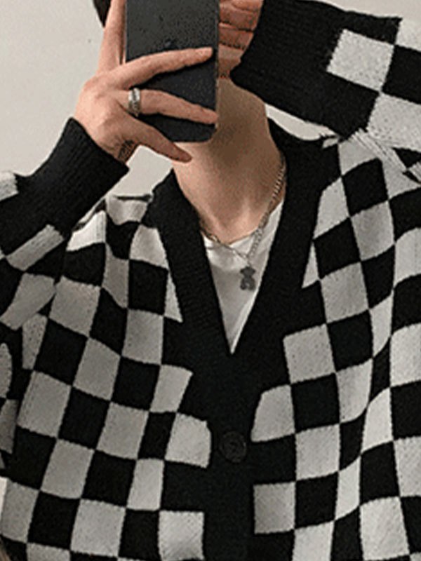 Emmiol Free shipping 2026 Men's V Neck Checkered Cardigan Black L in ...