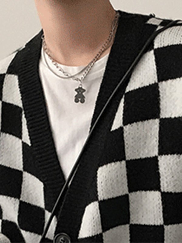 Emmiol Free shipping 2026 Men's V Neck Checkered Cardigan Black L in ...