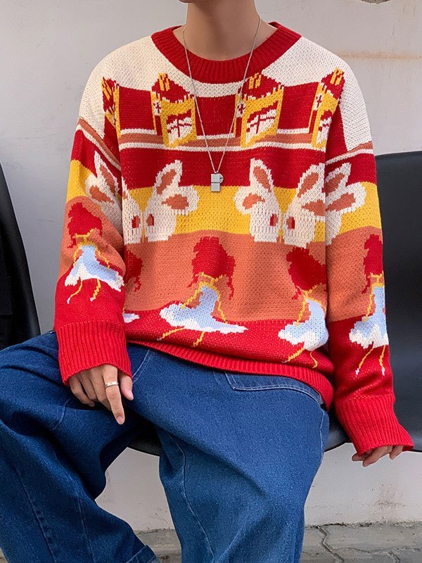 Emmiol Free shipping 2026 Men's Bunny Jacquard Knit Sweater Red S in ...