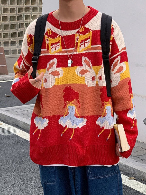 Emmiol Free shipping 2026 Men's Bunny Jacquard Knit Sweater Red S in ...