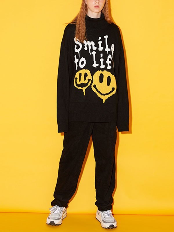 Emmiol Envío gratis 2024 Suéter de punto jacquard Drip Smile Negro XL ...