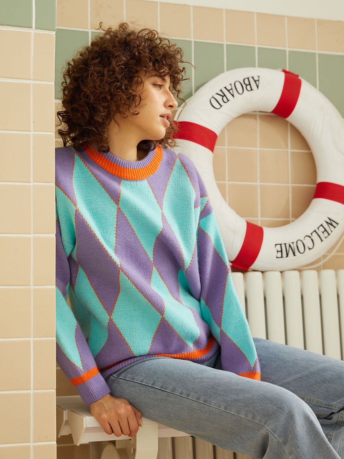 Emmiol Free shipping 2025 Oversized Geometric Knit Sweater Blue S in ...