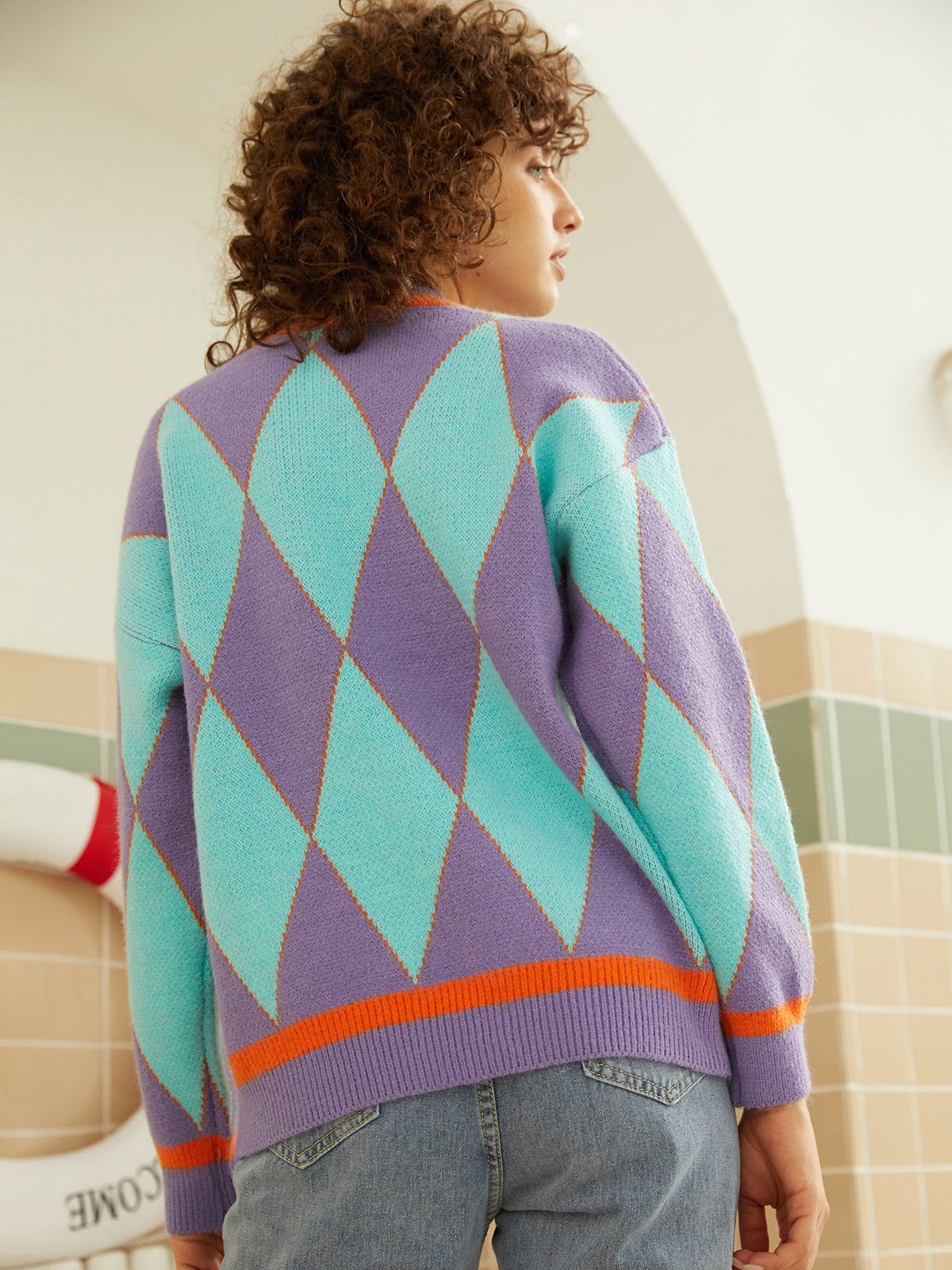 Emmiol Free shipping 2025 Oversized Geometric Knit Sweater Blue S in ...